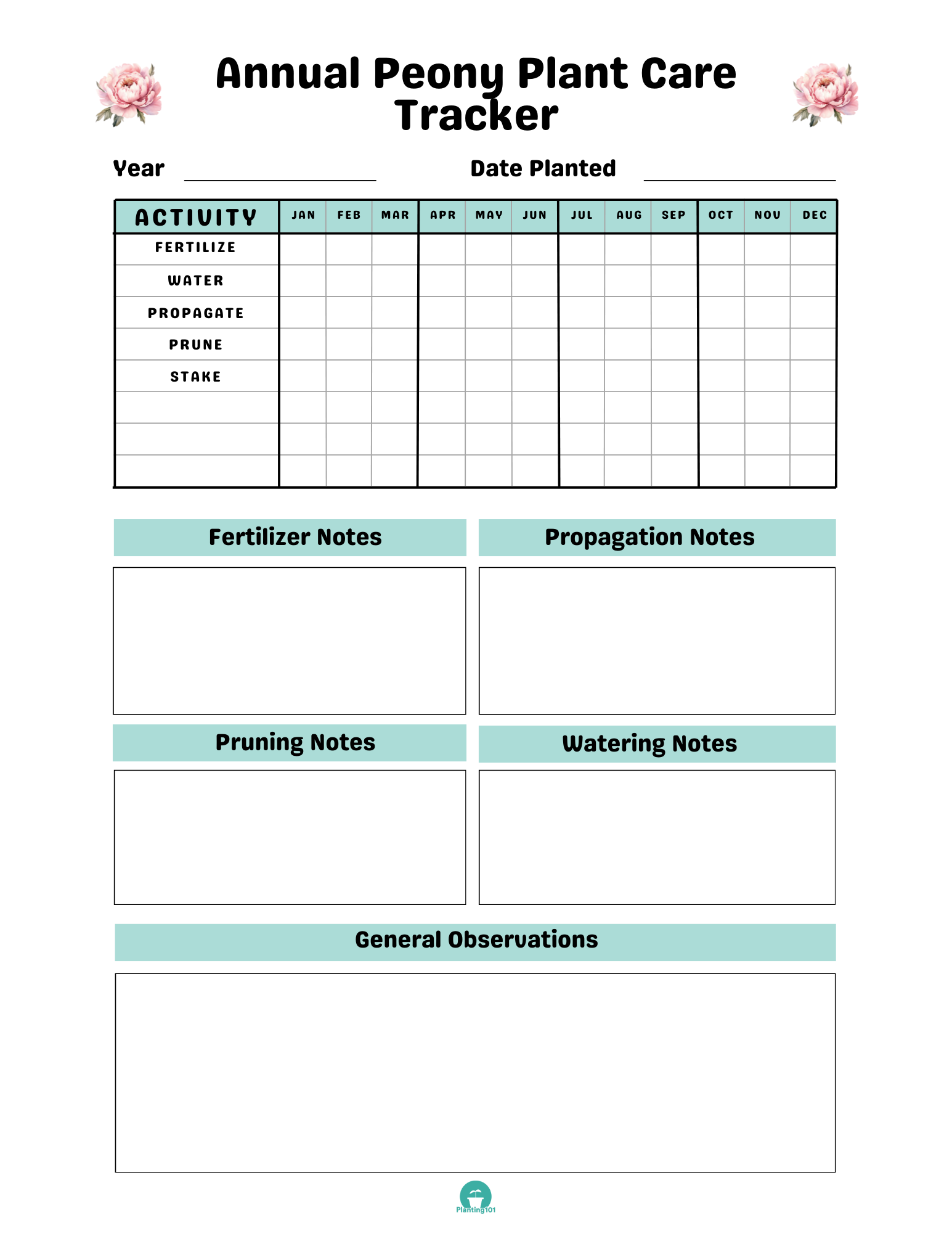 Free Peony Plant Care Tracker Printable - Planting 101
